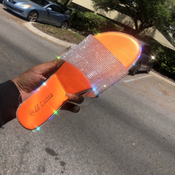 Shoes | Neon Orange Rhinestone Slides | Poshmark